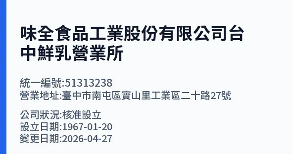 味全食品工業股份有限公司台中鮮乳營業所的照片-統編 51313238(臺中市) 公司登記資料與營業項目詳細圖表