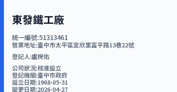 東發鐵工廠的照片-統編 51313461(臺中市) 公司登記資料與營業項目詳細圖表
