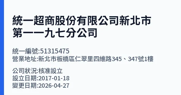 統一超商股份有限公司新北市第一一九七分公司的照片-統編 51315475(新北市) 公司登記資料與營業項目詳細圖表
