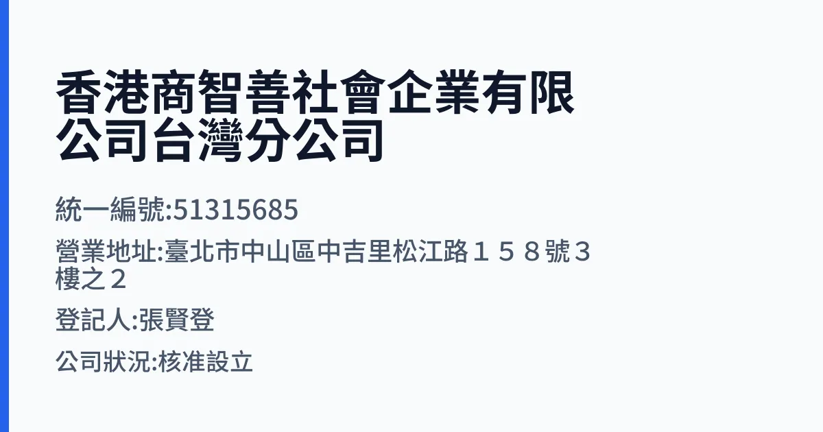 香港商智善社會企業有限公司台灣分公司 - 統編 51315685(臺北市) 公司登記資料與營業項目詳細圖表