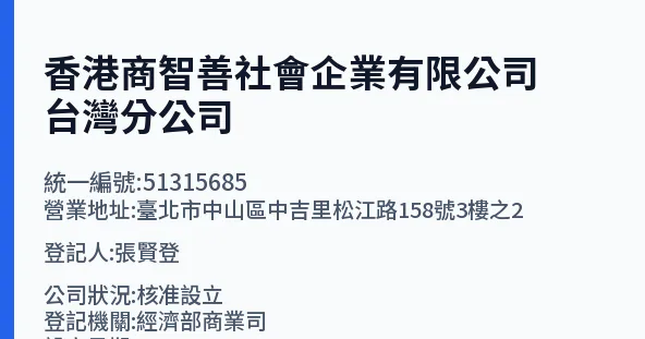 香港商智善社會企業有限公司台灣分公司的照片-統編 51315685(臺北市) 公司登記資料與營業項目詳細圖表