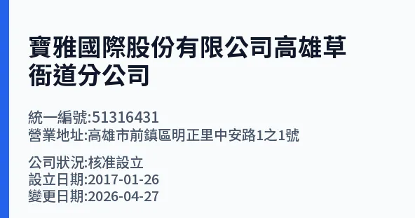 寶雅國際股份有限公司高雄草衙道分公司的照片-統編 51316431(高雄市) 公司登記資料與營業項目詳細圖表