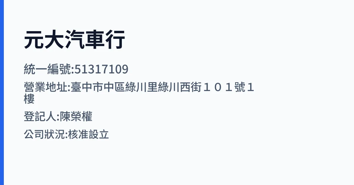 元大汽車行 - 統編 51317109(臺中市) 公司登記資料與營業項目詳細圖表