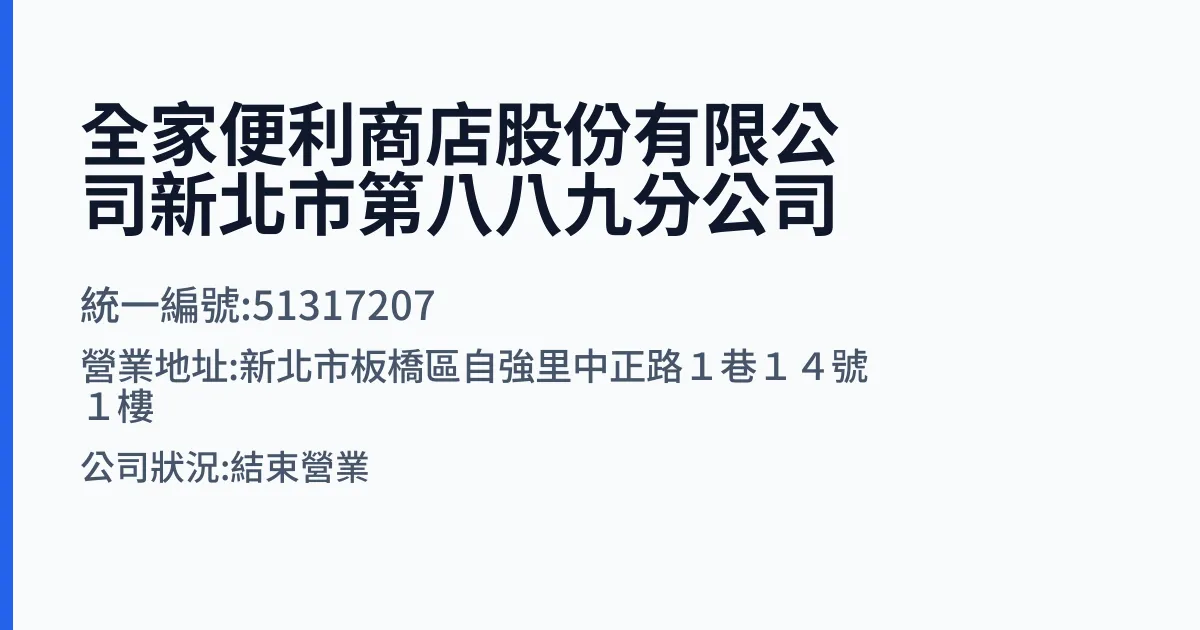 全家便利商店股份有限公司新北市第八八九分公司 - 統編 51317207(新北市) 公司登記資料與營業項目詳細圖表