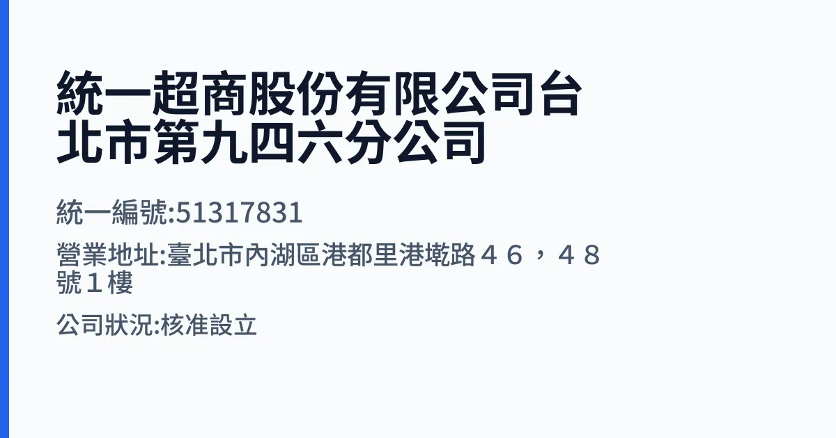 統一超商股份有限公司台北市第九四六分公司 - 統編 51317831(臺北市) 公司登記資料與營業項目詳細圖表
