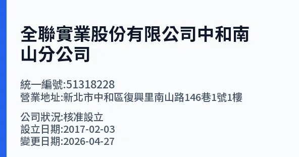 全聯實業股份有限公司中和南山分公司的照片-統編 51318228(新北市) 公司登記資料與營業項目詳細圖表