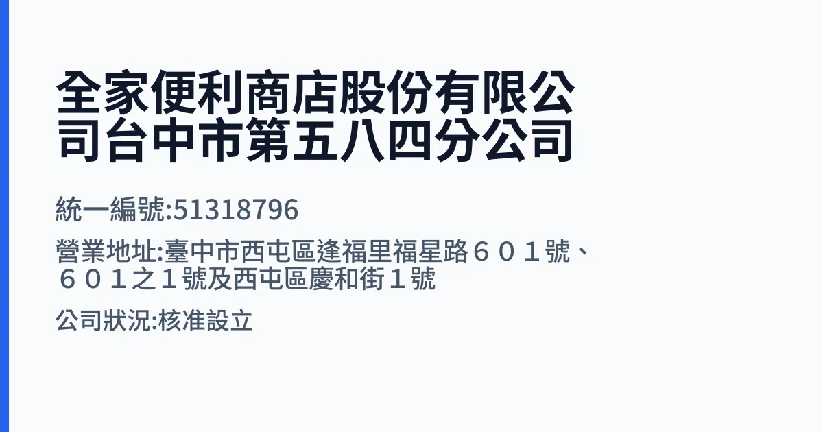 全家便利商店股份有限公司台中市第五八四分公司 - 統編 51318796(臺中市) 公司登記資料與營業項目詳細圖表