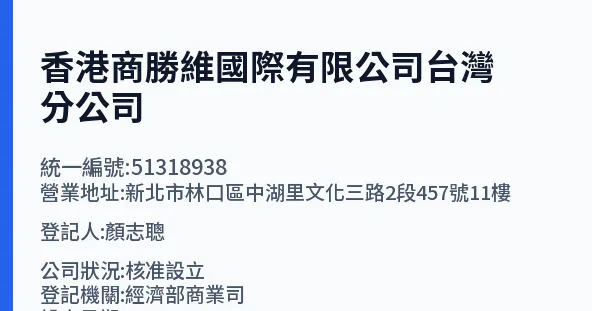 香港商勝維國際有限公司台灣分公司的照片-統編 51318938(新北市) 公司登記資料與營業項目詳細圖表