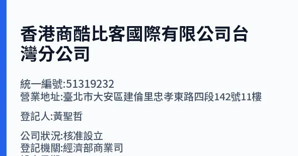 香港商酷比客國際有限公司台灣分公司的照片-統編 51319232(臺北市) 公司登記資料與營業項目詳細圖表