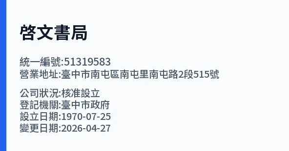 啓文書局的照片-統編 51319583(臺中市) 公司登記資料與營業項目詳細圖表