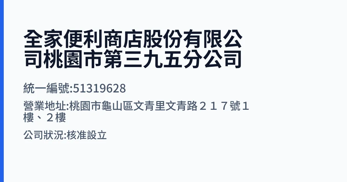 全家便利商店股份有限公司桃園市第三九五分公司 - 統編 51319628(桃園市) 公司登記資料與營業項目詳細圖表