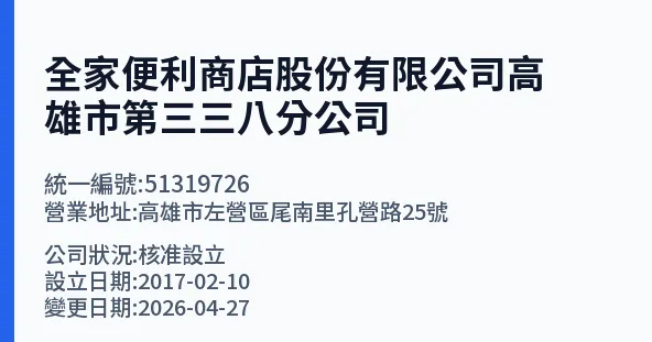 全家便利商店股份有限公司高雄市第三三八分公司的照片-統編 51319726(高雄市) 公司登記資料與營業項目詳細圖表