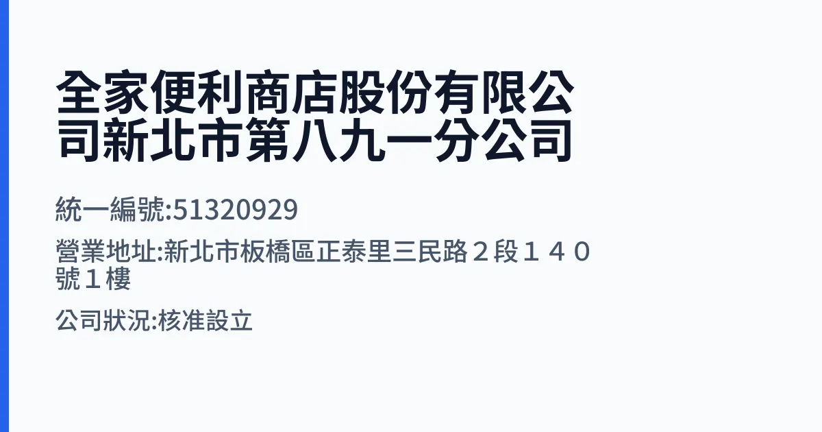 全家便利商店股份有限公司新北市第八九一分公司 - 統編 51320929(新北市) 公司登記資料與營業項目詳細圖表