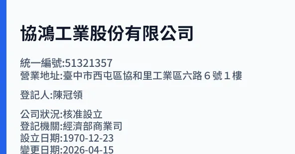 協鴻工業股份有限公司的照片-統編 51321357(臺中市) 公司登記資料與營業項目詳細圖表