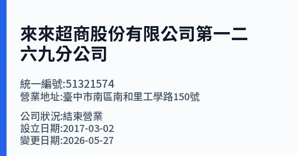 來來超商股份有限公司第一二六九分公司的照片-統編 51321574(臺中市) 公司登記資料與營業項目詳細圖表