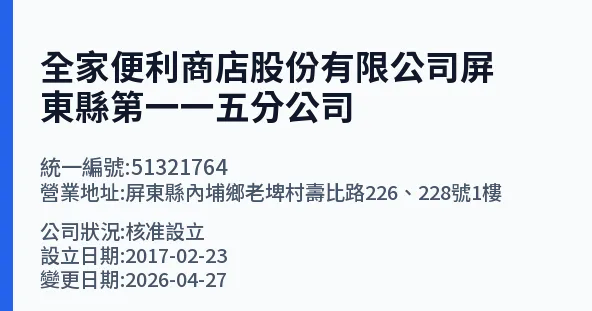 全家便利商店股份有限公司屏東縣第一一五分公司的照片-統編 51321764(屏東縣) 公司登記資料與營業項目詳細圖表
