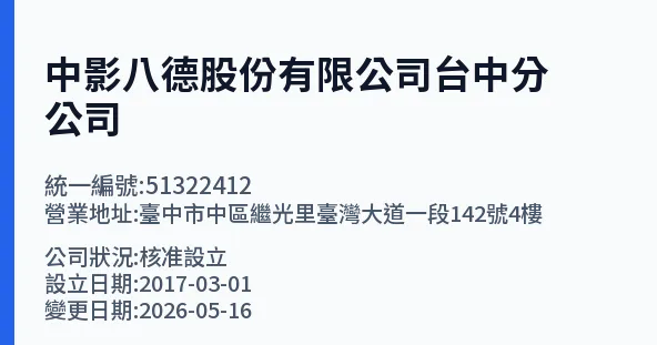 中影八德股份有限公司台中分公司的照片-統編 51322412(臺中市) 公司登記資料與營業項目詳細圖表