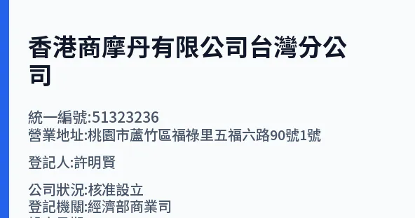 香港商摩丹有限公司台灣分公司的照片-統編 51323236(桃園市) 公司登記資料與營業項目詳細圖表