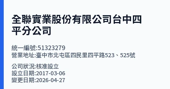全聯實業股份有限公司台中四平分公司的照片-統編 51323279(臺中市) 公司登記資料與營業項目詳細圖表