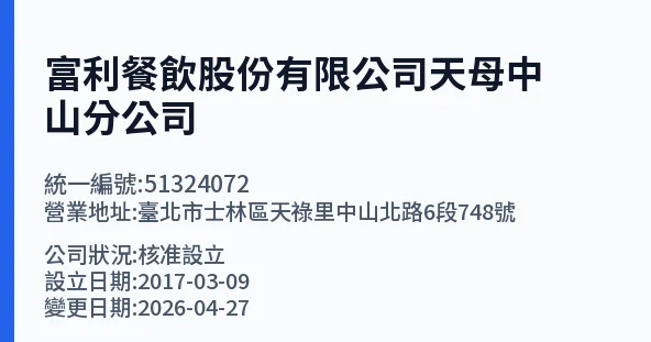 富利餐飲股份有限公司天母中山分公司的照片-統編 51324072(臺北市) 公司登記資料與營業項目詳細圖表