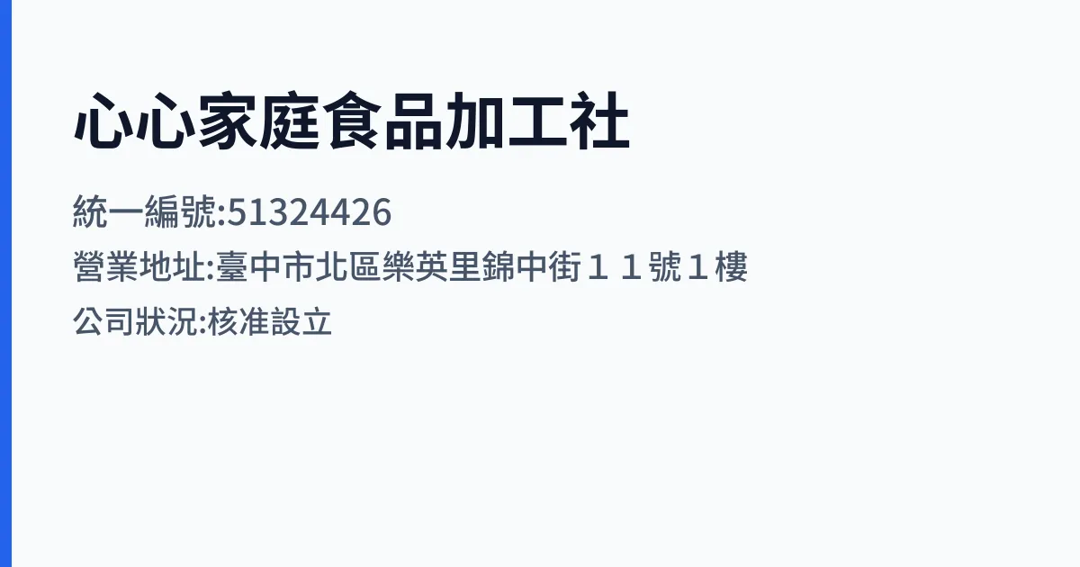 心心家庭食品加工社 - 統編 51324426(臺中市) 公司登記資料與營業項目詳細圖表