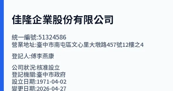 佳隆企業股份有限公司的照片-統編 51324586(臺中市) 公司登記資料與營業項目詳細圖表