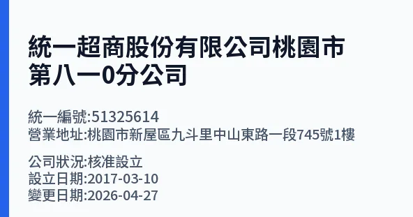 統一超商股份有限公司桃園市第八一0分公司的照片-統編 51325614(桃園市) 公司登記資料與營業項目詳細圖表