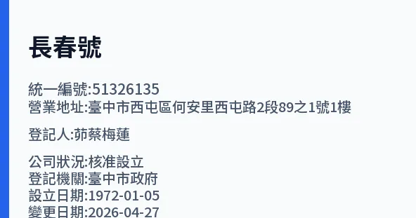 長春號的照片-統編 51326135(臺中市) 公司登記資料與營業項目詳細圖表