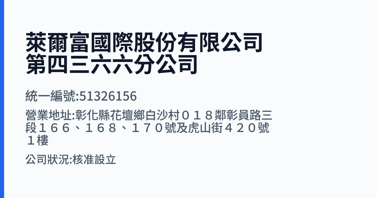 萊爾富國際股份有限公司第四三六六分公司 - 統編 51326156(彰化縣) 公司登記資料與營業項目詳細圖表
