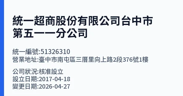 統一超商股份有限公司台中市第五一一分公司的照片-統編 51326310(臺中市) 公司登記資料與營業項目詳細圖表
