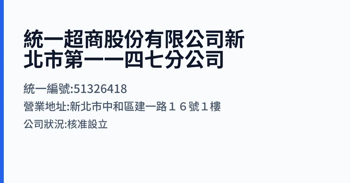 統一超商股份有限公司新北市第一一四七分公司 - 統編 51326418(新北市) 公司登記資料與營業項目詳細圖表