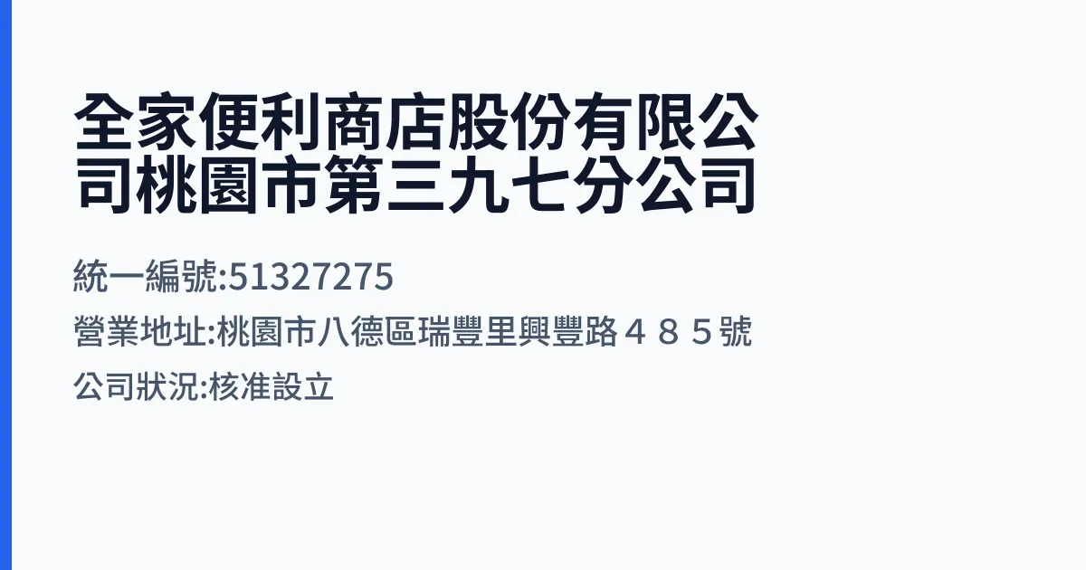 全家便利商店股份有限公司桃園市第三九七分公司 - 統編 51327275(桃園市) 公司登記資料與營業項目詳細圖表