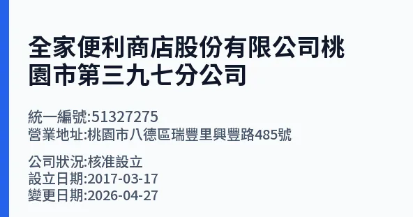 全家便利商店股份有限公司桃園市第三九七分公司的照片-統編 51327275(桃園市) 公司登記資料與營業項目詳細圖表