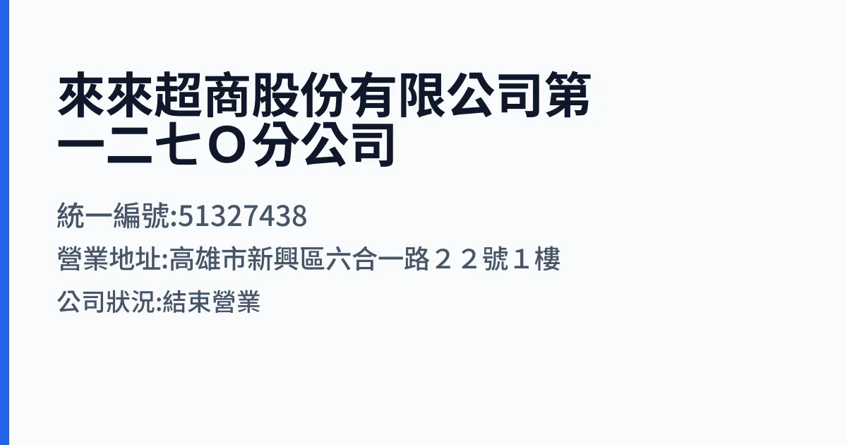 來來超商股份有限公司第一二七Ｏ分公司 - 統編 51327438(高雄市) 公司登記資料與營業項目詳細圖表