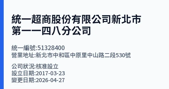 統一超商股份有限公司新北市第一一四八分公司的照片-統編 51328400(新北市) 公司登記資料與營業項目詳細圖表