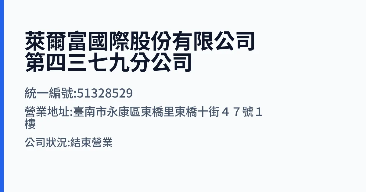 萊爾富國際股份有限公司第四三七九分公司 - 統編 51328529(臺南市) 公司登記資料與營業項目詳細圖表