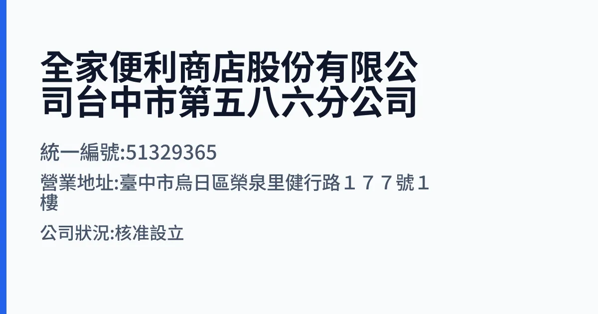 全家便利商店股份有限公司台中市第五八六分公司 - 統編 51329365(臺中市) 公司登記資料與營業項目詳細圖表