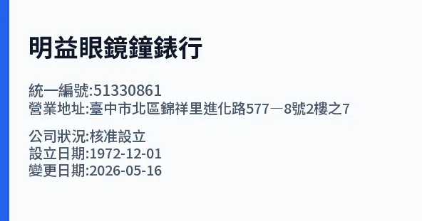 明益眼鏡鐘錶行的照片-統編 51330861(臺中市) 公司登記資料與營業項目詳細圖表