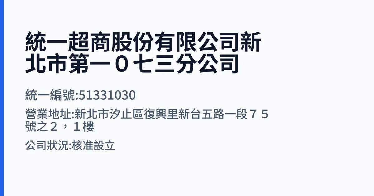 統一超商股份有限公司新北市第一０七三分公司 - 統編 51331030(新北市) 公司登記資料與營業項目詳細圖表