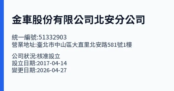 金車股份有限公司北安分公司的照片-統編 51332903(臺北市) 公司登記資料與營業項目詳細圖表