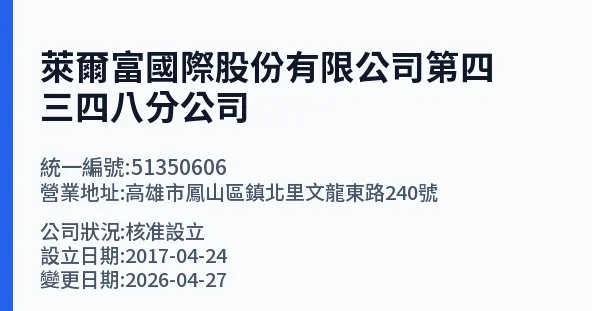萊爾富國際股份有限公司第四三四八分公司的照片-統編 51350606(高雄市) 公司登記資料與營業項目詳細圖表