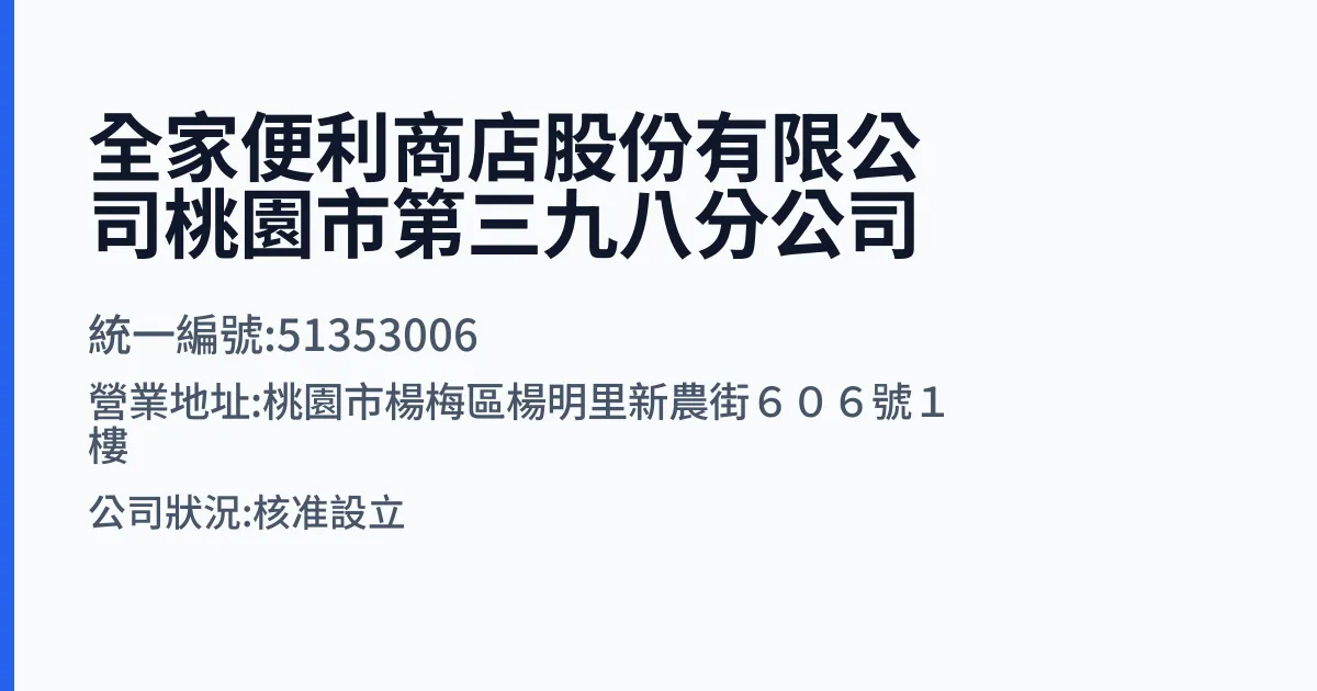 全家便利商店股份有限公司桃園市第三九八分公司 - 統編 51353006(桃園市) 公司登記資料與營業項目詳細圖表