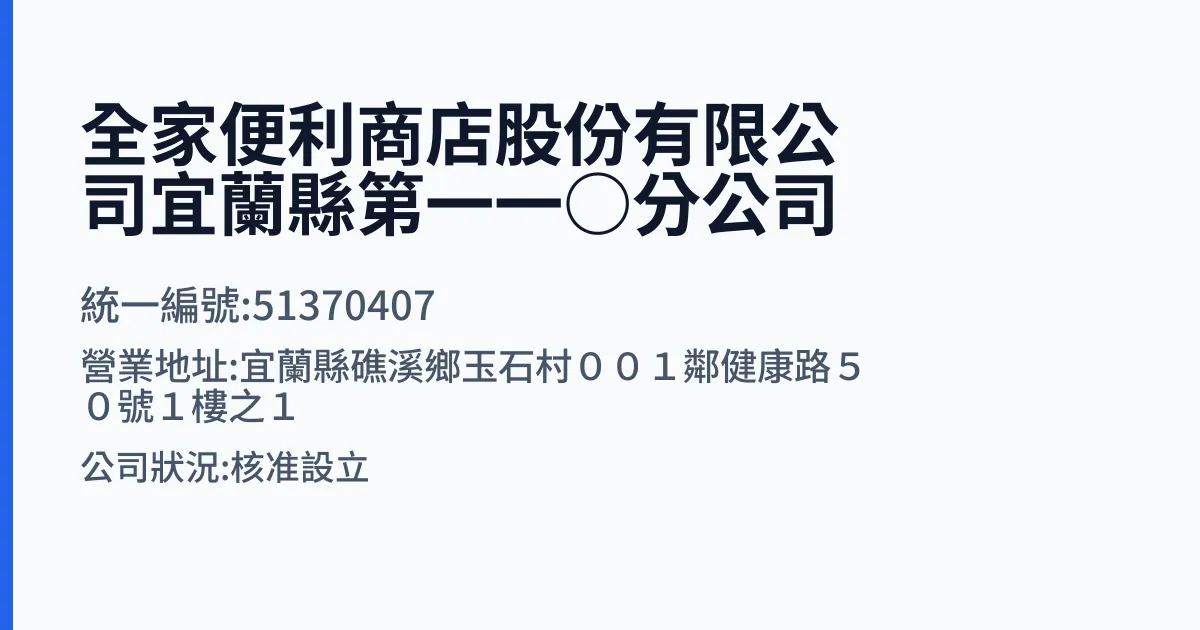 全家便利商店股份有限公司宜蘭縣第一一○分公司 - 統編 51370407(宜蘭縣) 公司登記資料與營業項目詳細圖表