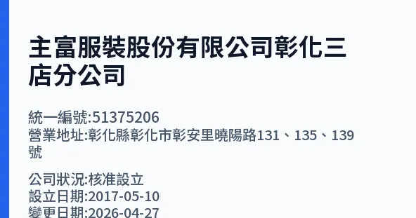 主富服裝股份有限公司彰化三店分公司的照片-統編 51375206(彰化縣) 公司登記資料與營業項目詳細圖表