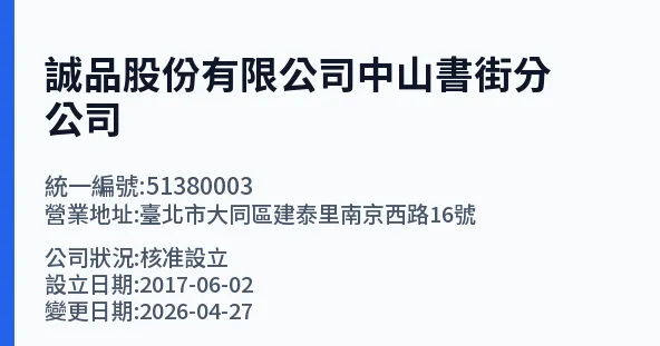 誠品股份有限公司中山書街分公司的照片-統編 51380003(臺北市) 公司登記資料與營業項目詳細圖表