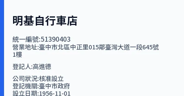 明基自行車店的照片-統編 51390403(臺中市) 公司登記資料與營業項目詳細圖表