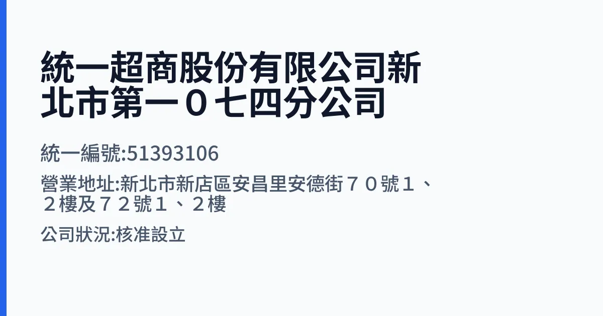 統一超商股份有限公司新北市第一０七四分公司 - 統編 51393106(新北市) 公司登記資料與營業項目詳細圖表