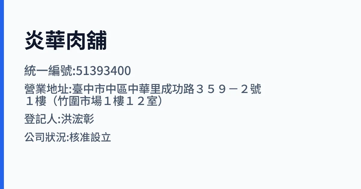炎華肉舖 - 統編 51393400（臺中市） 公司登記資料與營業項目詳細圖表