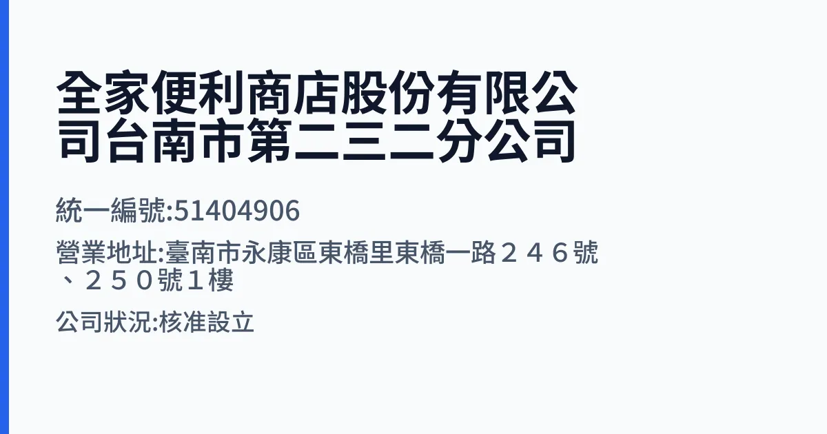 全家便利商店股份有限公司台南市第二三二分公司 - 統編 51404906（臺南市） 公司登記資料與營業項目詳細圖表