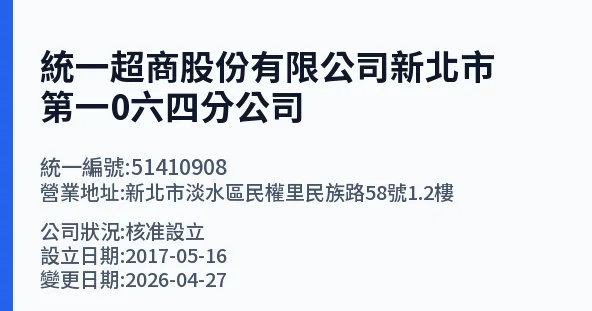 統一超商股份有限公司新北市第一0六四分公司的照片-統編 51410908(新北市) 公司登記資料與營業項目詳細圖表